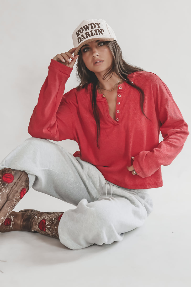 Laying Low This Weekend Long Sleeve Henley Crop Top – Amazing Lace