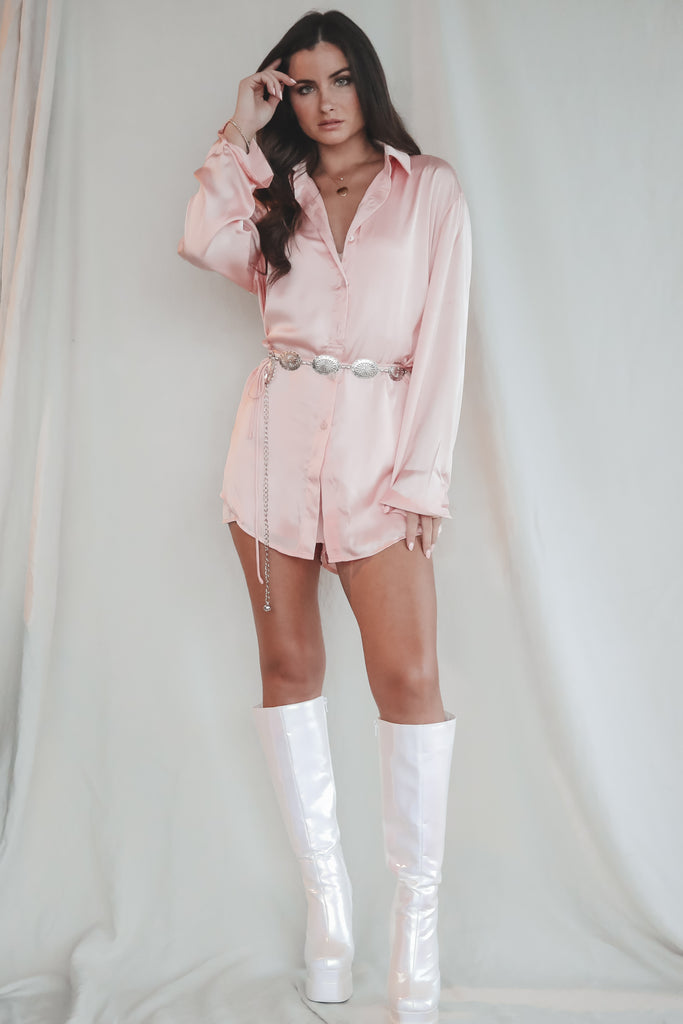 Giving Beverly Hills Satin Button Up Romper Dress – Amazing Lace